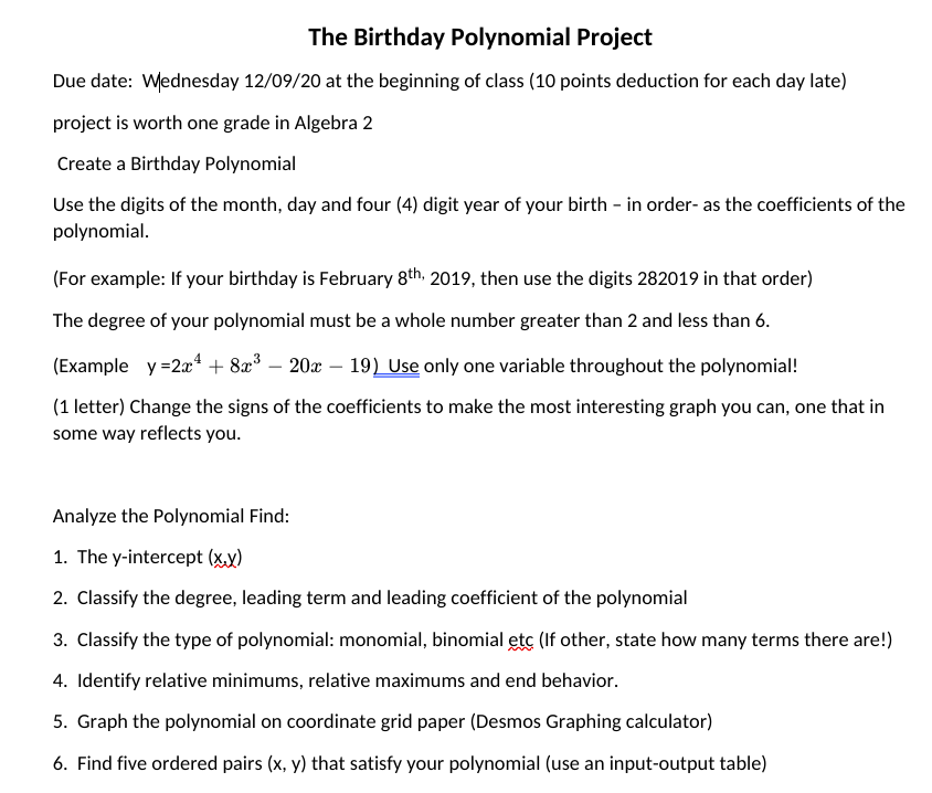 Solved The Birthday Polynomial Project Due date: Wednesday | Chegg.com