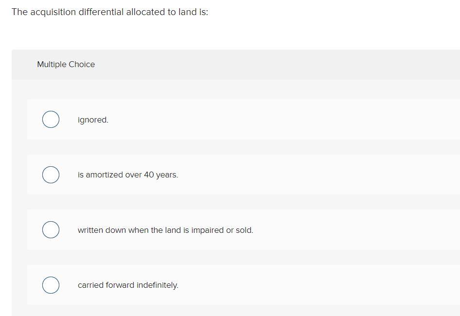 Solved The acquisition differential allocated to land is: | Chegg.com