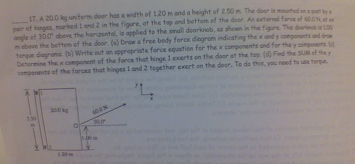 Solved 17. A 20.0 kg uniform door has a width of 1.20 m and | Chegg.com