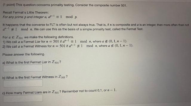 Solved (1 point) This question concerns primality testing. | Chegg.com