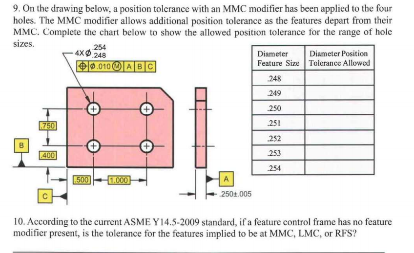Solved 9. On the drawing below, a position tolerance with an | Chegg.com