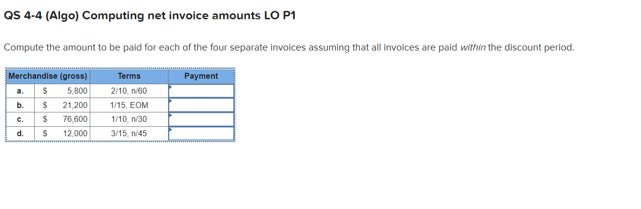 Solved QS 4-4 (Algo) Computing net invoice amounts LO P1 | Chegg.com