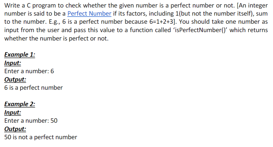 Solved Perfect Number: A whole number that is equal to the | Chegg.com