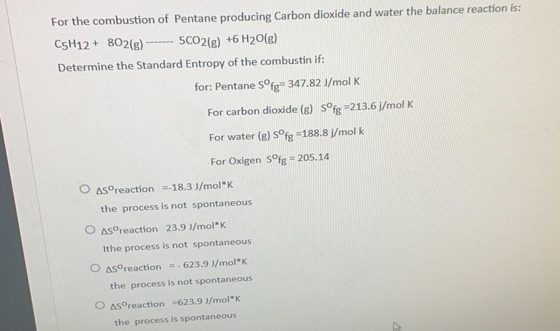 Solved For the combustion of Pentane producing Carbon | Chegg.com
