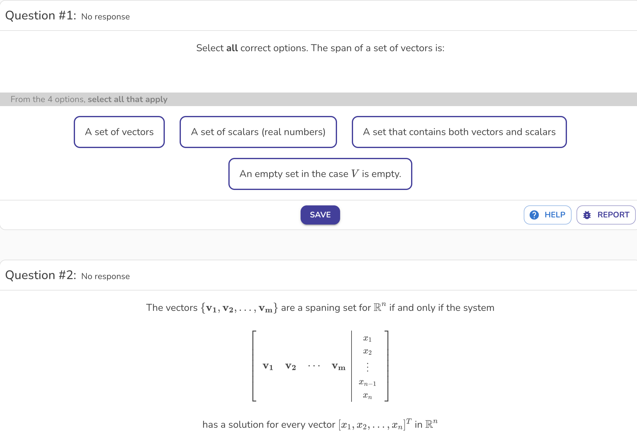 Solved Select all correct options. The span of a set of | Chegg.com