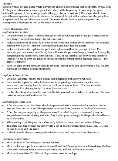 Solved Prompt: Create a virtual pet care game where players | Chegg.com