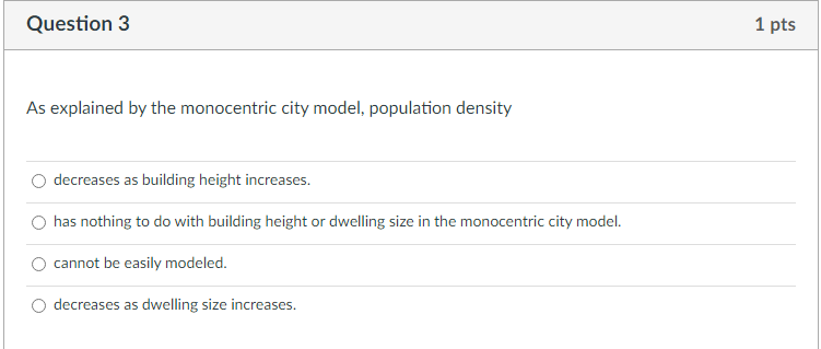 Solved Question 3 1 pts As explained by the monocentric city | Chegg.com