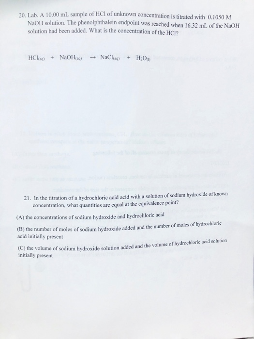 Solved 20. Lab. A 10.00 mL sample of HCl of unknown | Chegg.com