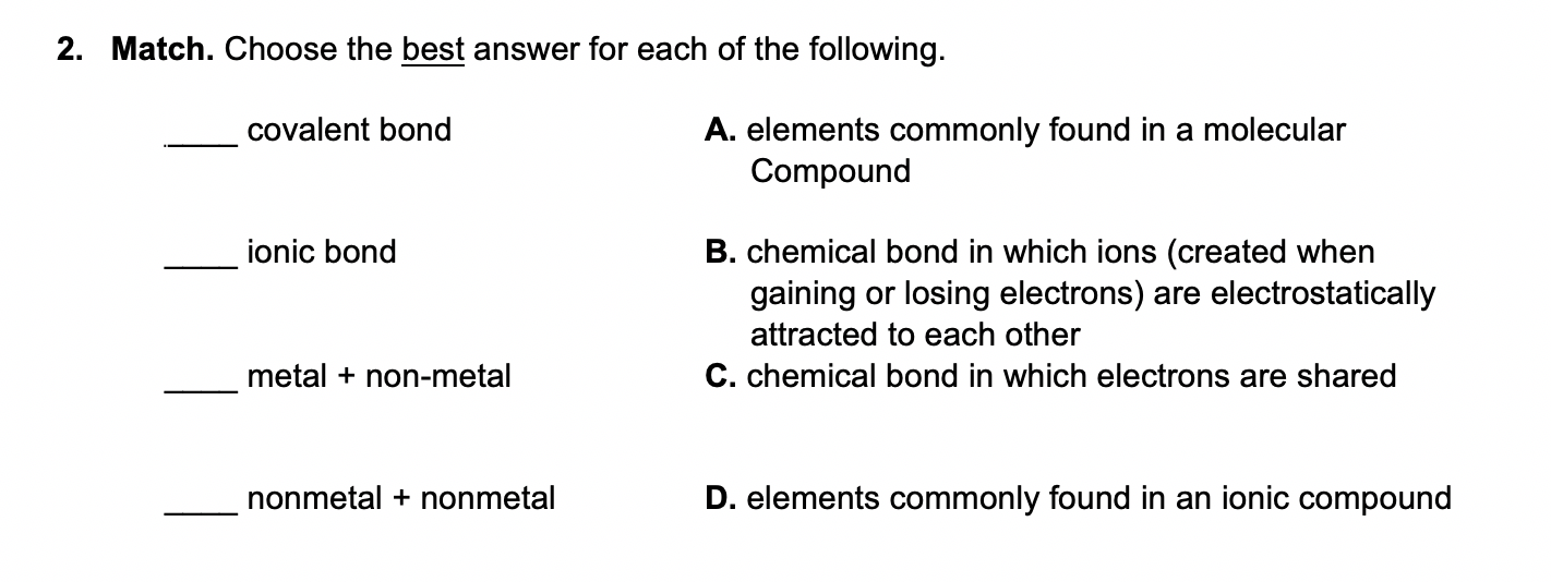 Solved 2. Match. Choose the best answer for each of the | Chegg.com