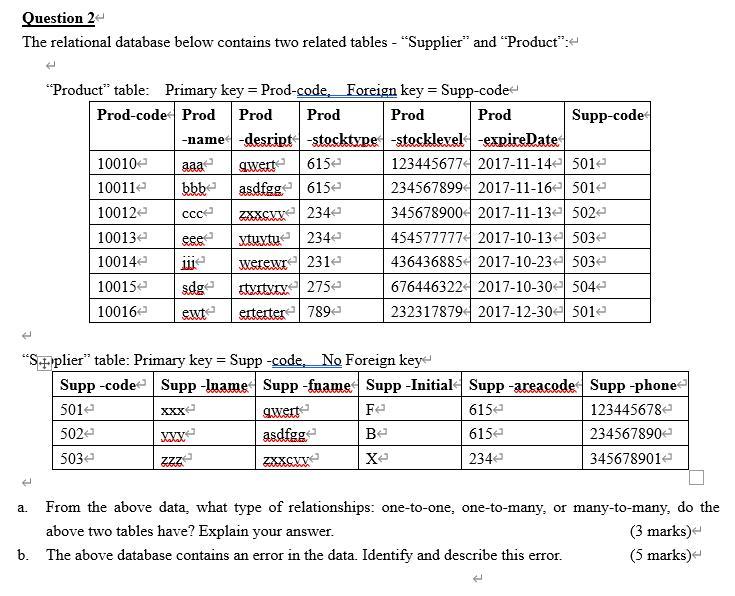 Solved Question 2 The relational database below contains two | Chegg.com