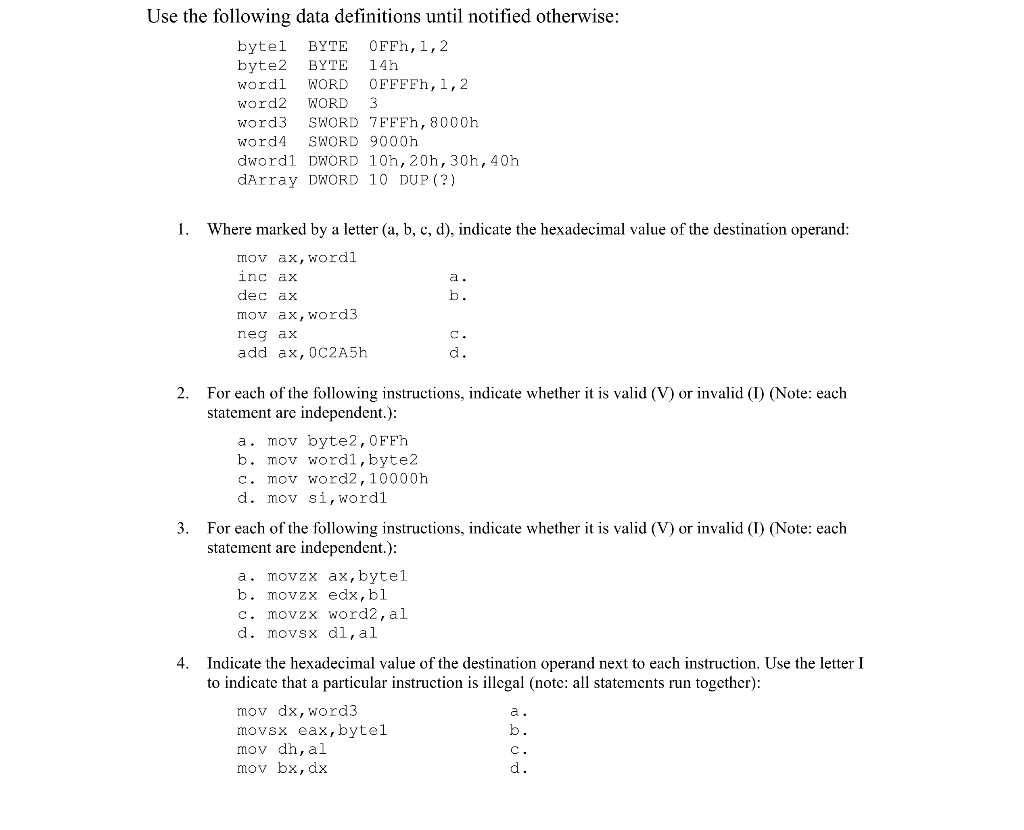Solved BYTE Use the following data definitions until | Chegg.com