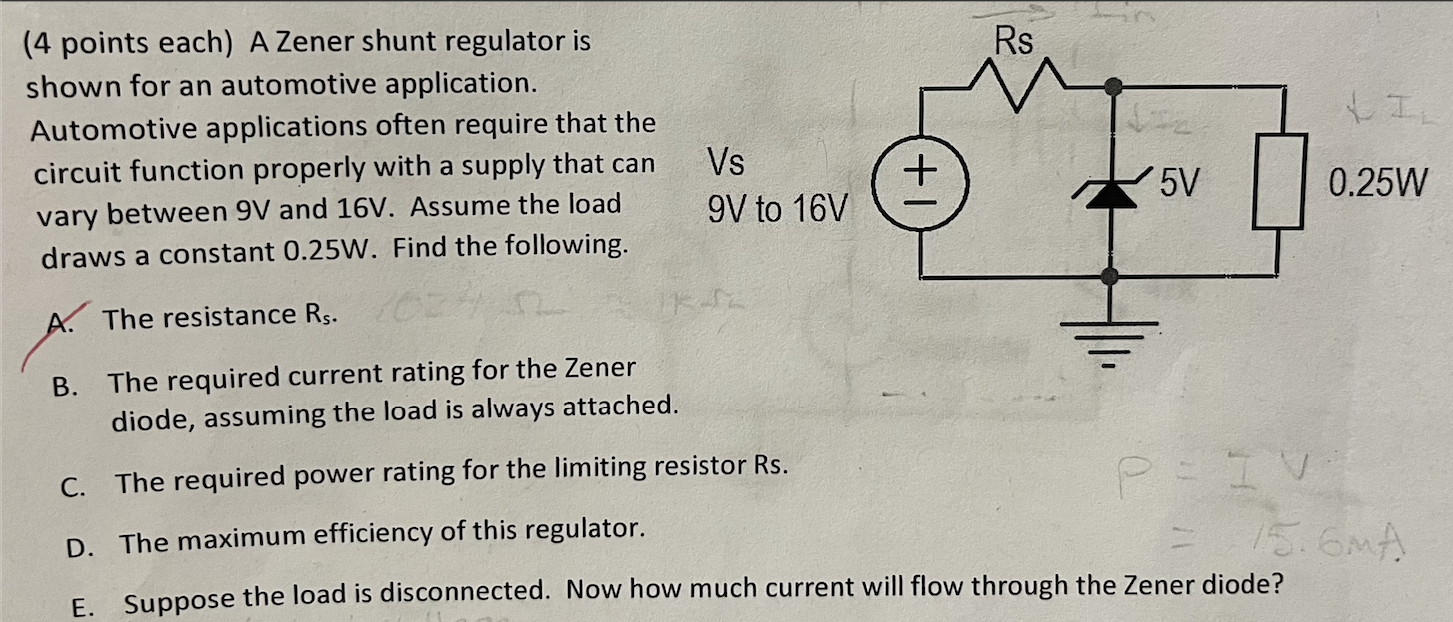 Solved (4 points each) A Zener shunt regulator is shown for | Chegg.com