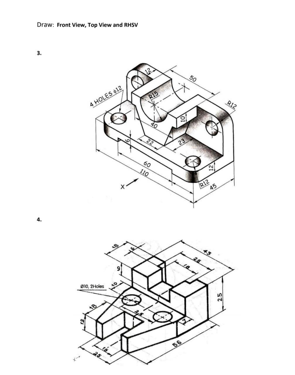 Solved Draw: Front View, Top View and RHSV 3. 50 R15 4 HOLES | Chegg.com
