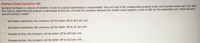 Solved Multiple Choice Question 109 Sunland Company is | Chegg.com