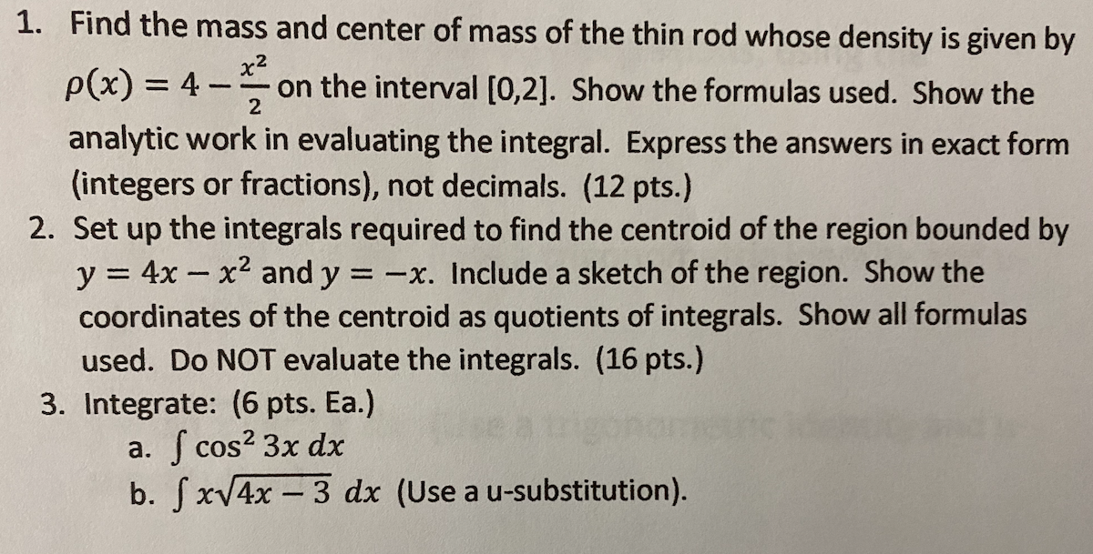 Solved - - 2 1. Find the mass and center of mass of the thin | Chegg.com
