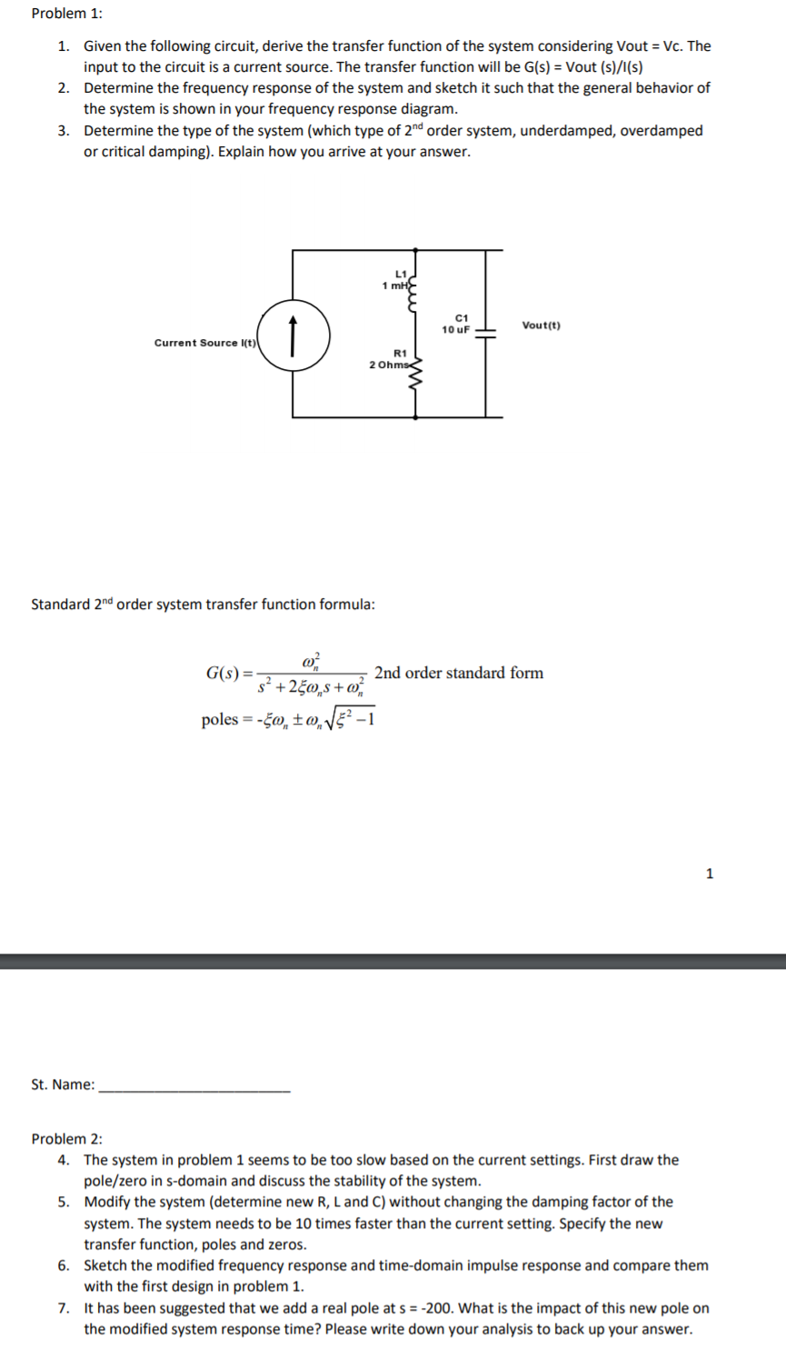 Solved Problem 1: 1. Given the following circuit, derive the | Chegg.com
