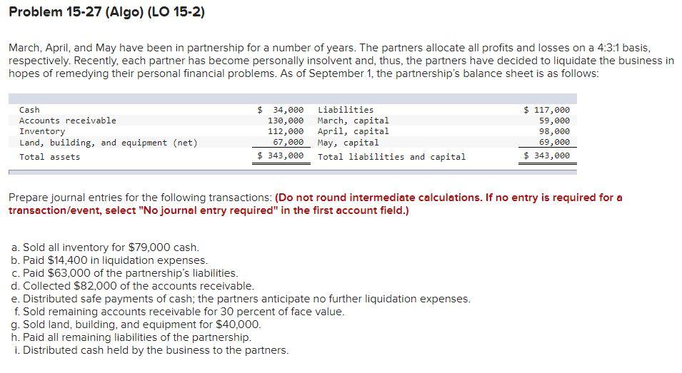 Solved Problem 15-27 (Algo) (LO 15-2) March, April, and May | Chegg.com