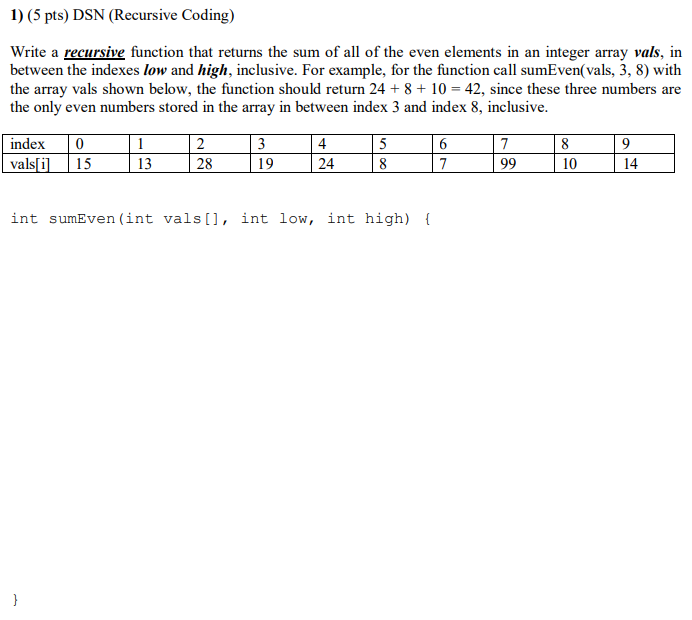 Solved 1) (5 pts) DSN (Recursive Coding) Write a recursive | Chegg.com