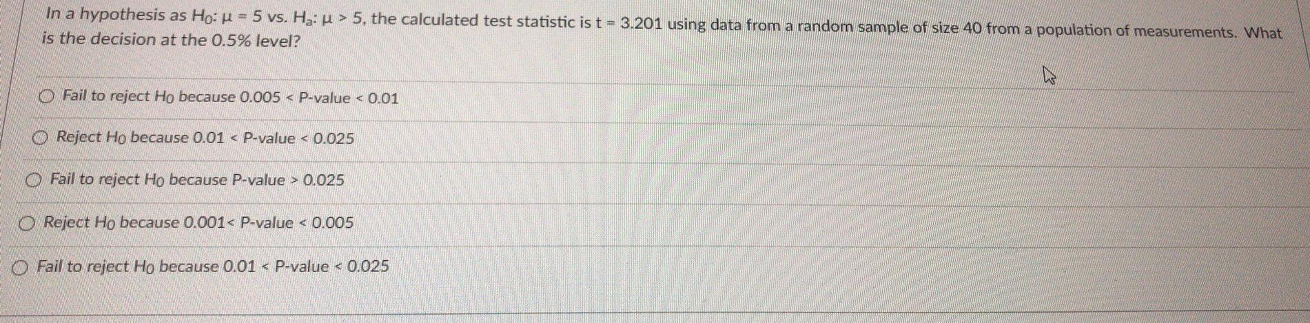 Solved In a hypothesis as Ho: u = 5 vs. Ha: u > 5, the | Chegg.com