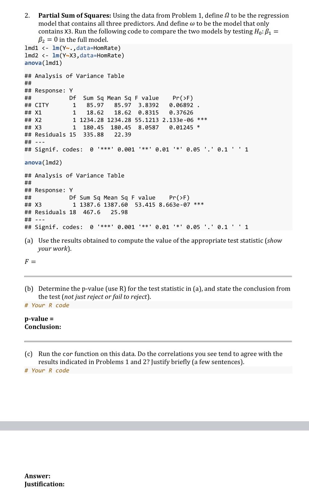 2. Partial Sum of Squares: Using the data from | Chegg.com