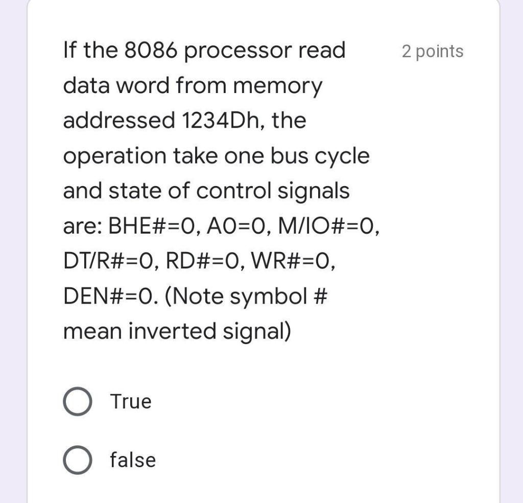 Solved 2 points If the 8086 processor read data word from | Chegg.com