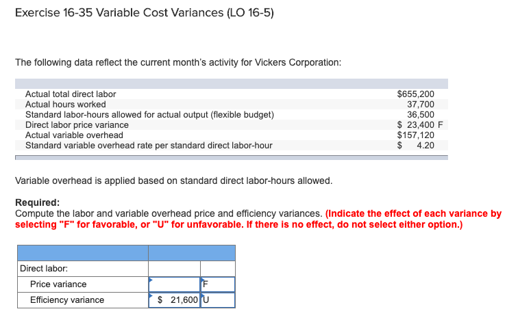 Solved Exercise 16-35 Variable Cost Variances (LO 16-5) The | Chegg.com