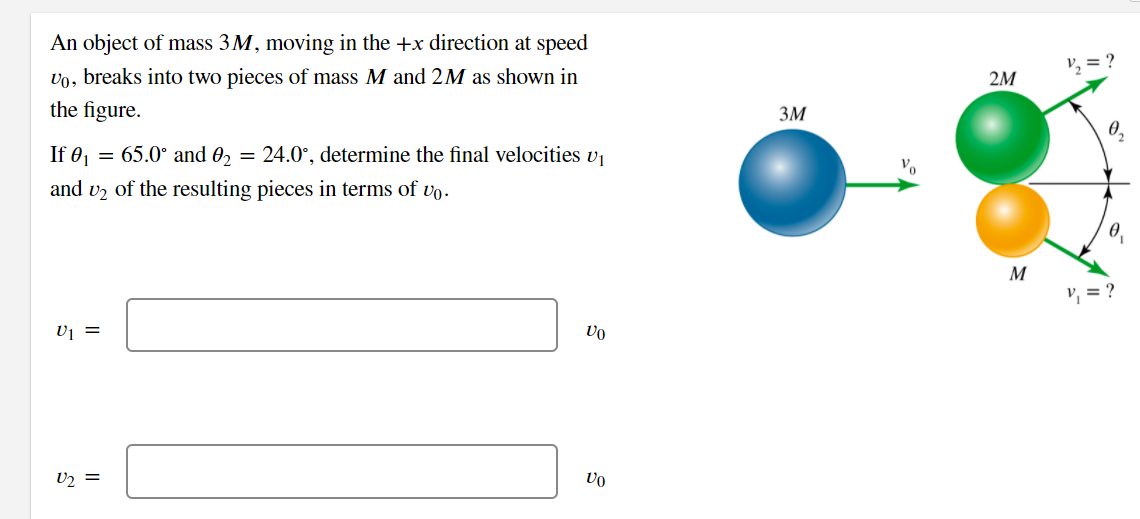 Solved An object of mass 3M, moving in the +x direction at | Chegg.com