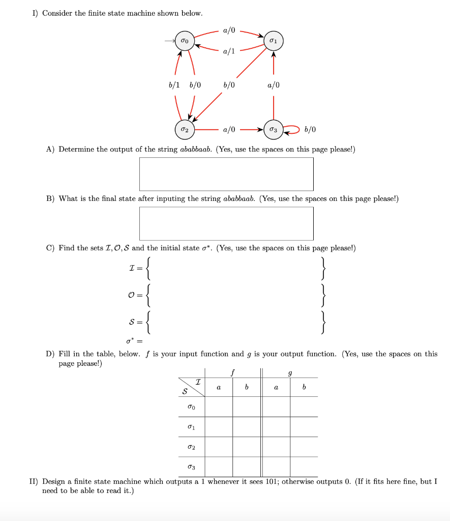 Solved I) Consider the finite state machine shown below. a/0 | Chegg.com