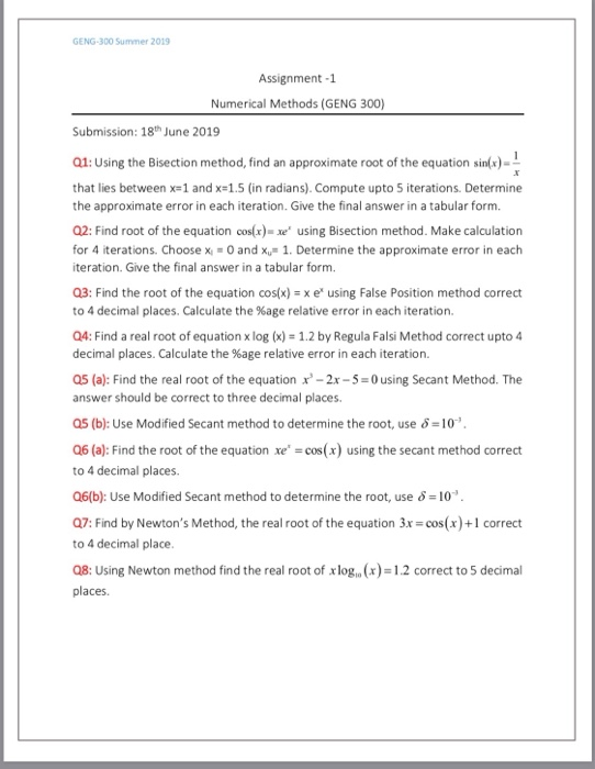 Solved GENG-300 Summer 2019 Assignment-1 Numerical Methods | Chegg.com