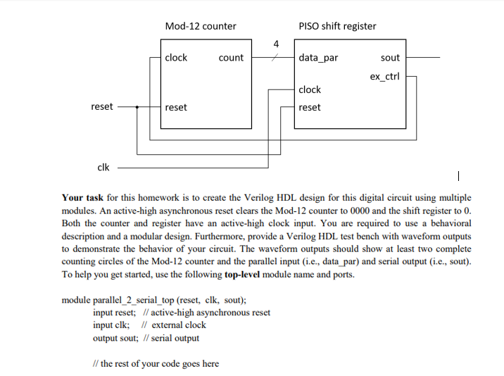 Mod-12 counter PISO shift register 4 clock count | Chegg.com