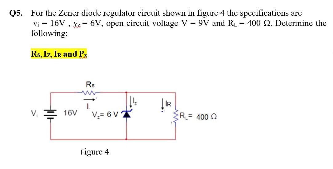 Solved Q5. For the Zener diode regulator circuit shown in | Chegg.com
