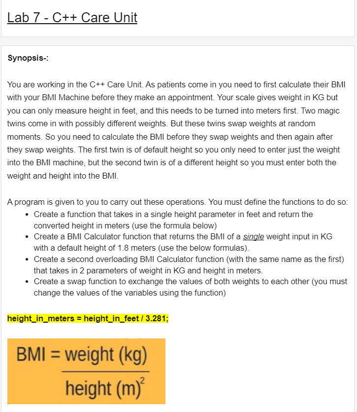 Solved Lab 7 - C++ Care Unit Synopsis: You are working in | Chegg.com