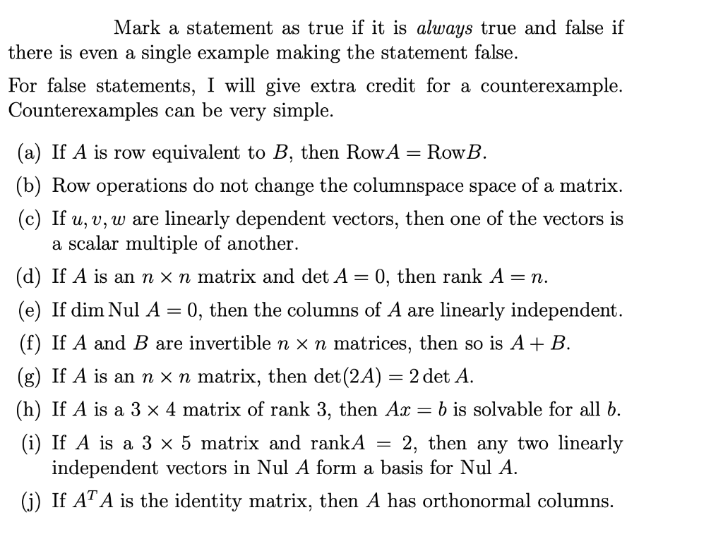 Solved Mark a statement as true if it is always true and | Chegg.com