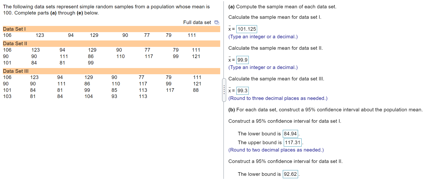 Solved (a) Compute the sample mean of each data set. The | Chegg.com