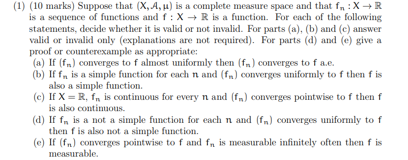 Solved (1) (10 ﻿marks) ﻿Suppose that (x,A,μ) is ﻿a complete | Chegg.com