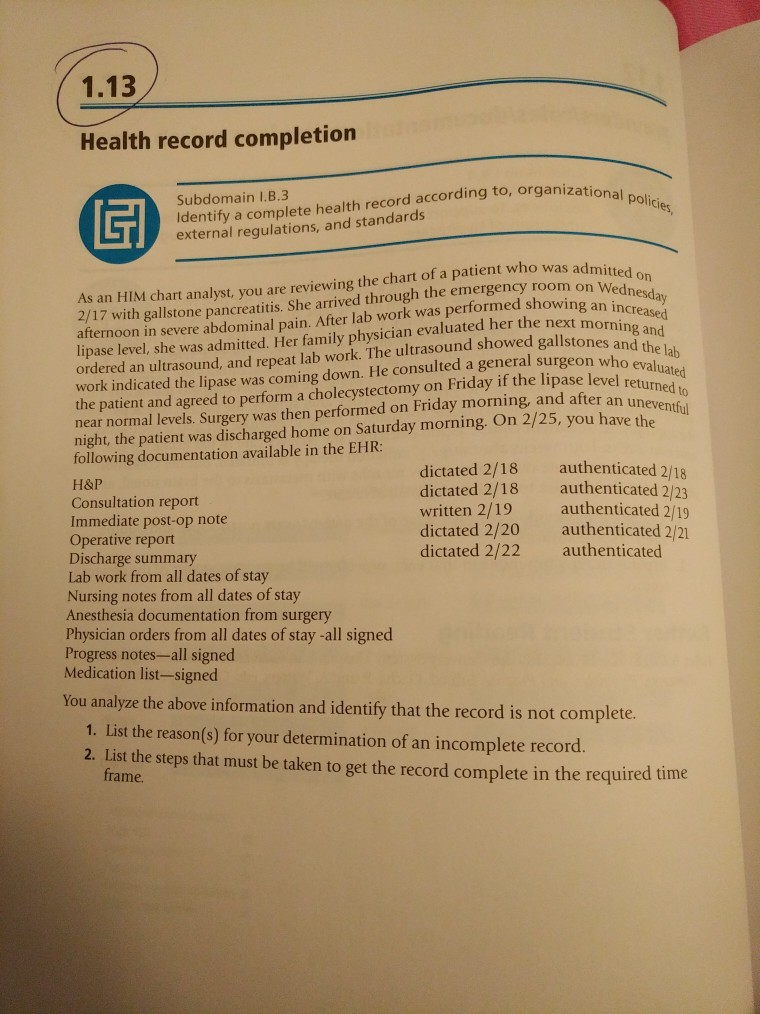 Solved 1.13 Health record completion nizational policies | Chegg.com