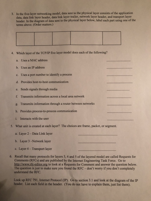 Solved 3. In the five-layer networking model, data sent to | Chegg.com