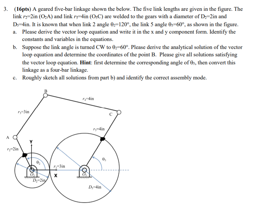 3. (16pts) A geared five-bar linkage shown the below. | Chegg.com