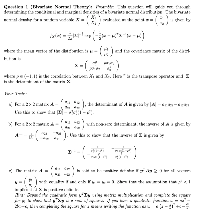 Solved Question 1 (Bivariate Normal Theory): Preamble: This | Chegg.com