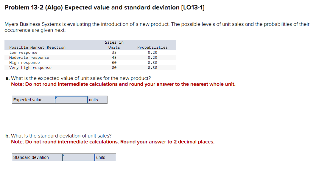 Solved Problem 13-2 (Algo) Expected value and standard | Chegg.com