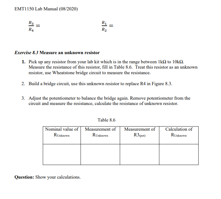 Solved EMT1150 ﻿Lab Manual (08/2020)R3R4=,R1R2=Exercise 8.3 | Chegg.com