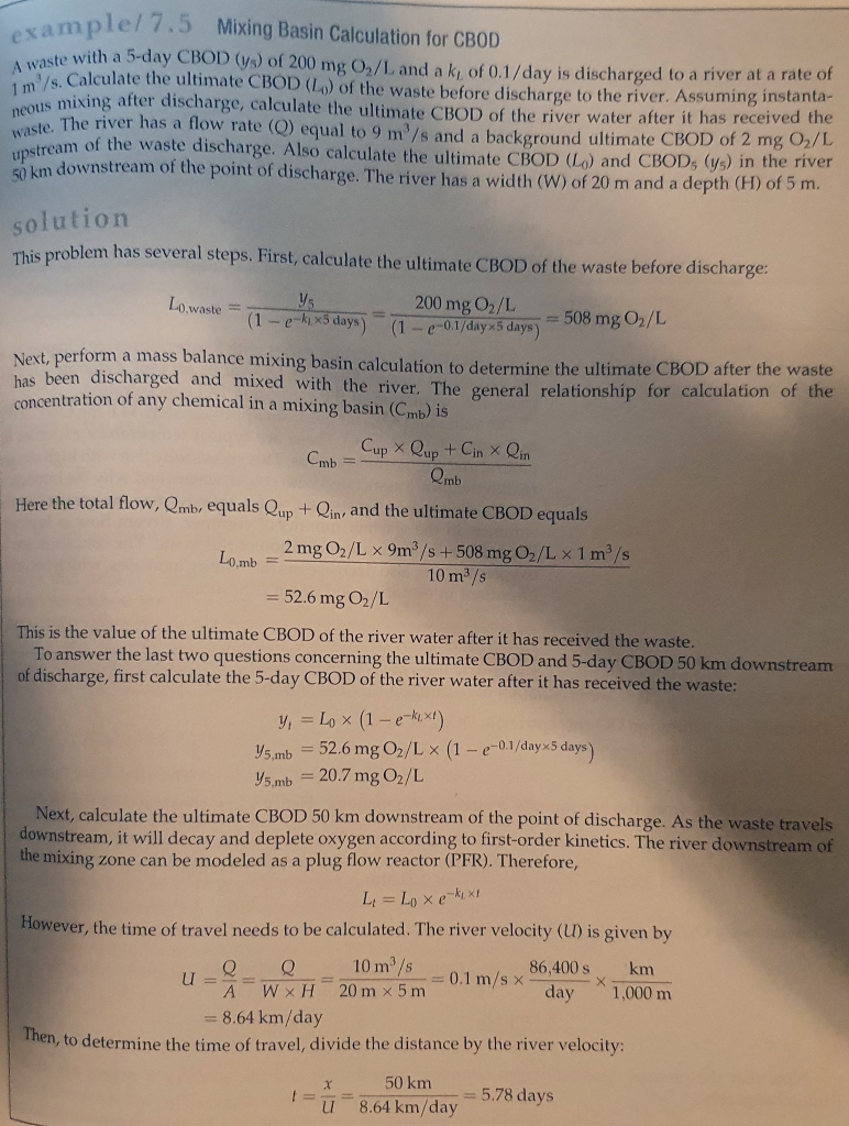 Solved example! 7.5. Mixing Basin Calculation for CBOD A | Chegg.com