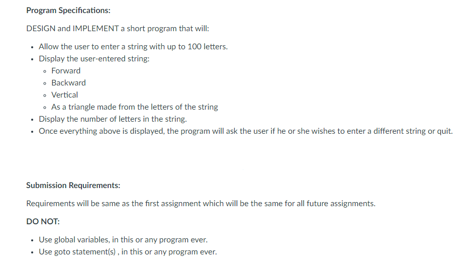 Solved Program Specifications: DESIGN and IMPLEMENT a short | Chegg.com