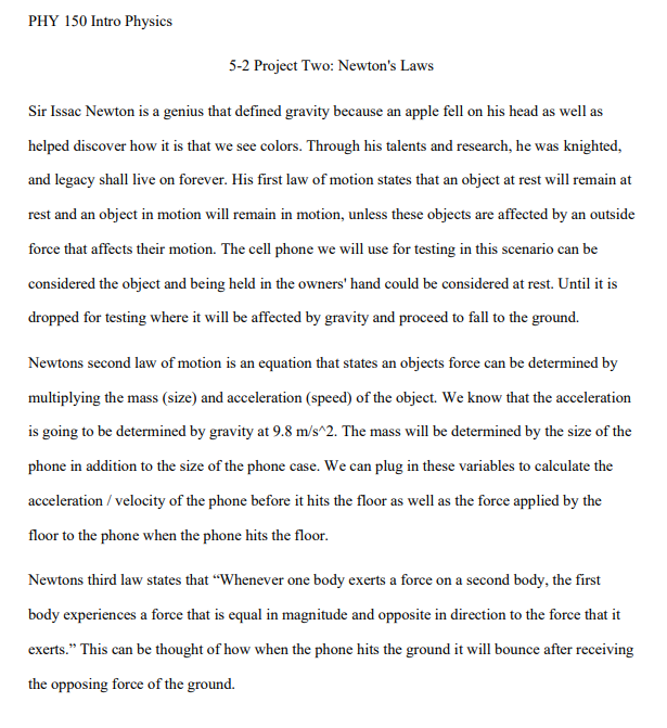 SNHU PHY 150 5-2 Project Two: Newton's LawsI've | Chegg.com