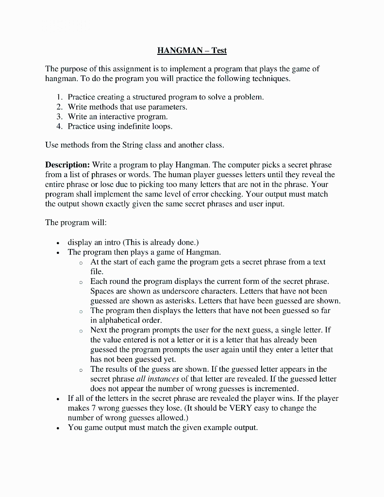 Solved Make a Hangman game in java, specific guidelines are | Chegg.com