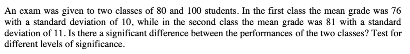 Solved An exam was given to two classes of 80 and 100 | Chegg.com