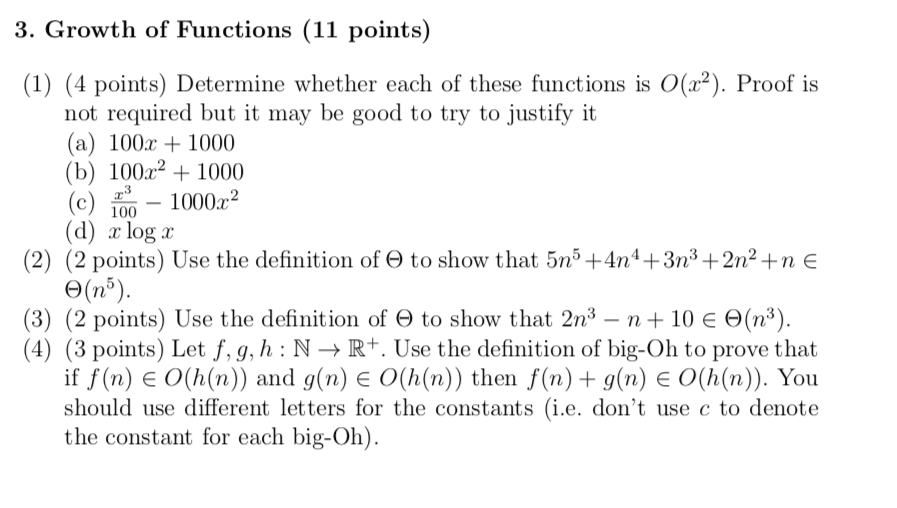 Solved 3. Growth of Functions (11 points) (1) (4 points) | Chegg.com