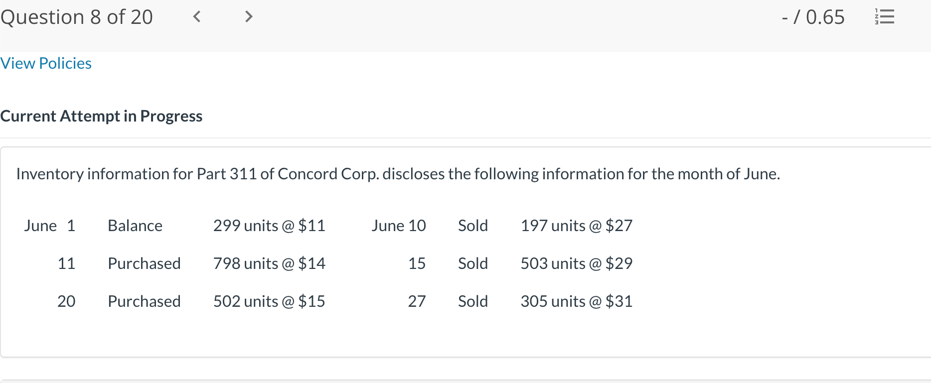 Solved Current Attempt in Progress Inventory information for | Chegg.com