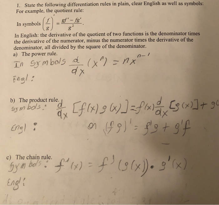 Solved 1. State the following differentiation rules in | Chegg.com