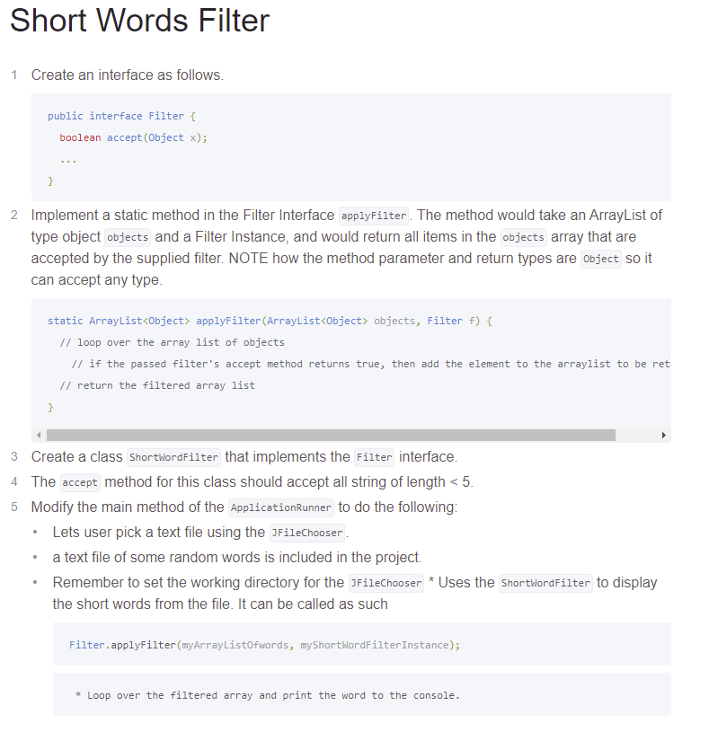 Solved Short Words Filter 1 Create an interface as follows. | Chegg.com